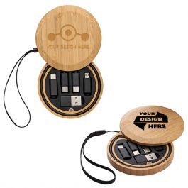 6 in 1 USB Cables With Round Bamboo Box by Logotech 700238
