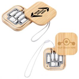 6 in 1 USB Cables Set With Square Bamboo Box by Logotech 700240