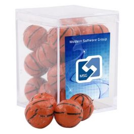 Bulk Chocolate Basketballs in a Clear Acrylic Square Box by Logotech 163792