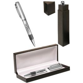 Ribbed Ribber Grip Silver Executive Pen Gift Set 113425
